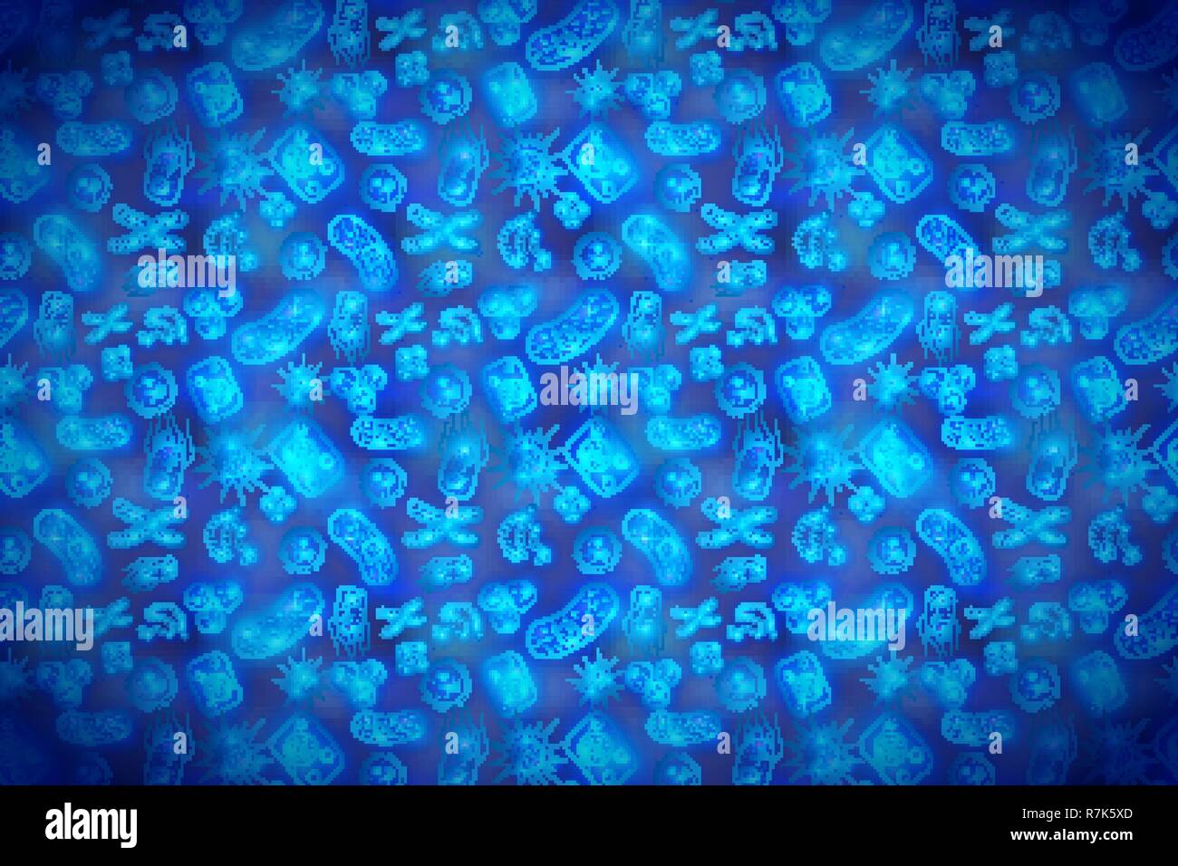 Bright glowy biology cells, bacterias and virus in blue water, wide ...