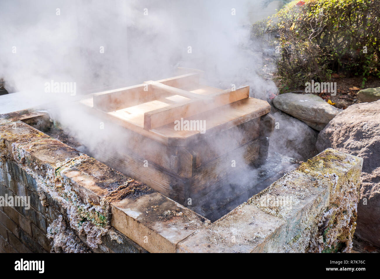 Hot pot steamer near UMI JIGOKU (Sea Hell) pond in autumn, which is one ...