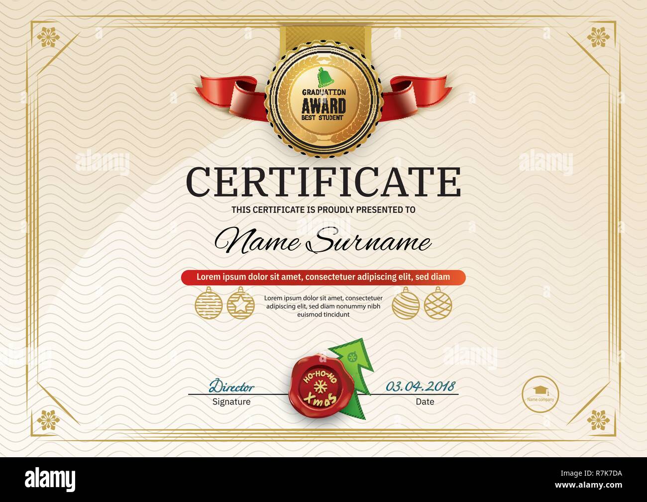 Official retro certificate with red gold design elements. Red ribbon ...