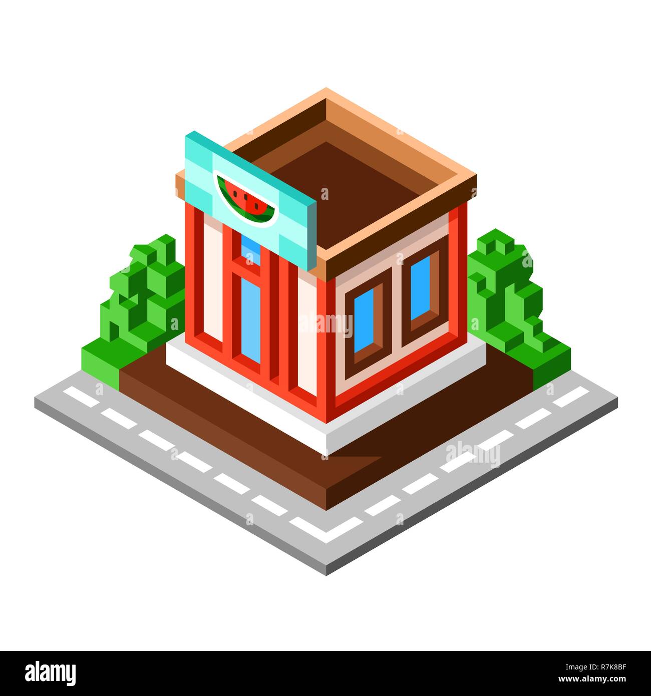 Supermarket isometric building isolated on white background. Fruit and ...
