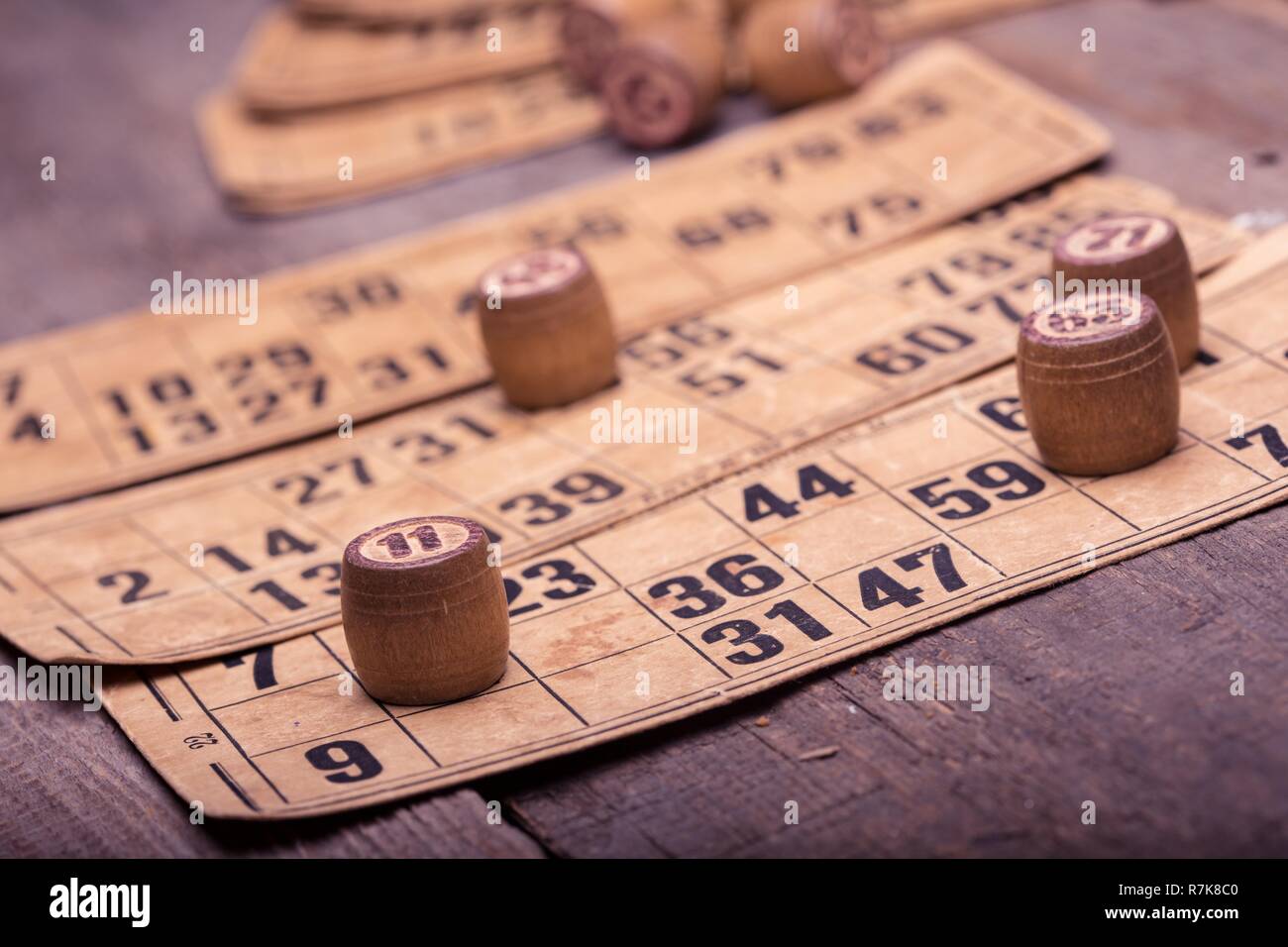 old wooden lotto barrels and game cards Stock Photo - Alamy