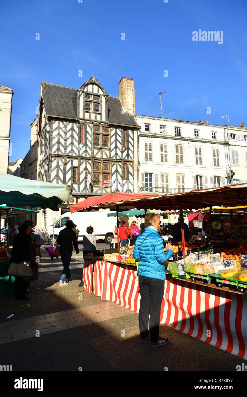 France, Charente Maritime, La Rochelle, the market and Rue Passage du ...