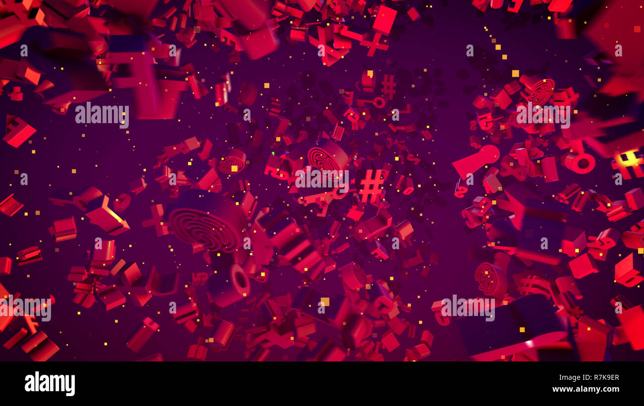 Abstract 3d illustration of bright purple computer symbols representing key, at sign, pluses ...