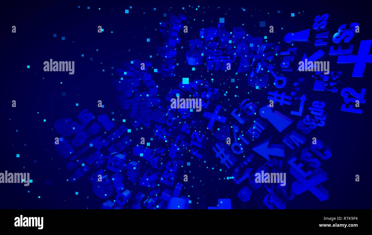 Optical art 3d illustration of shining light blue computer symbols such as arrow, at sign ...