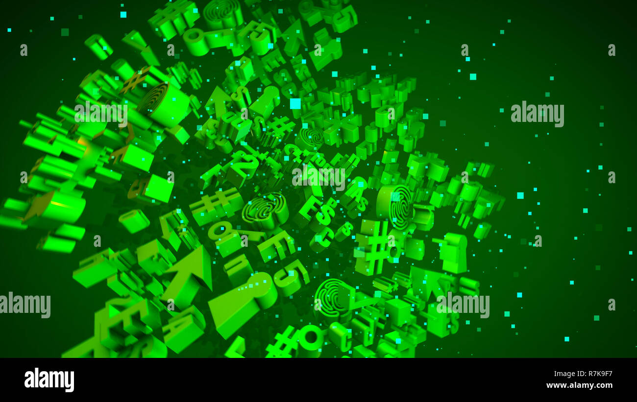 Opt art 3d illustration of spinning light green computer symbols such as arrow, key, numbers ...