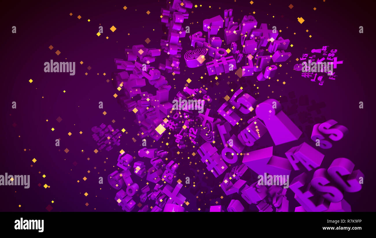 Breathtaking 3d illustration of revolting light violet computer signs such as arrow, key, stars ...