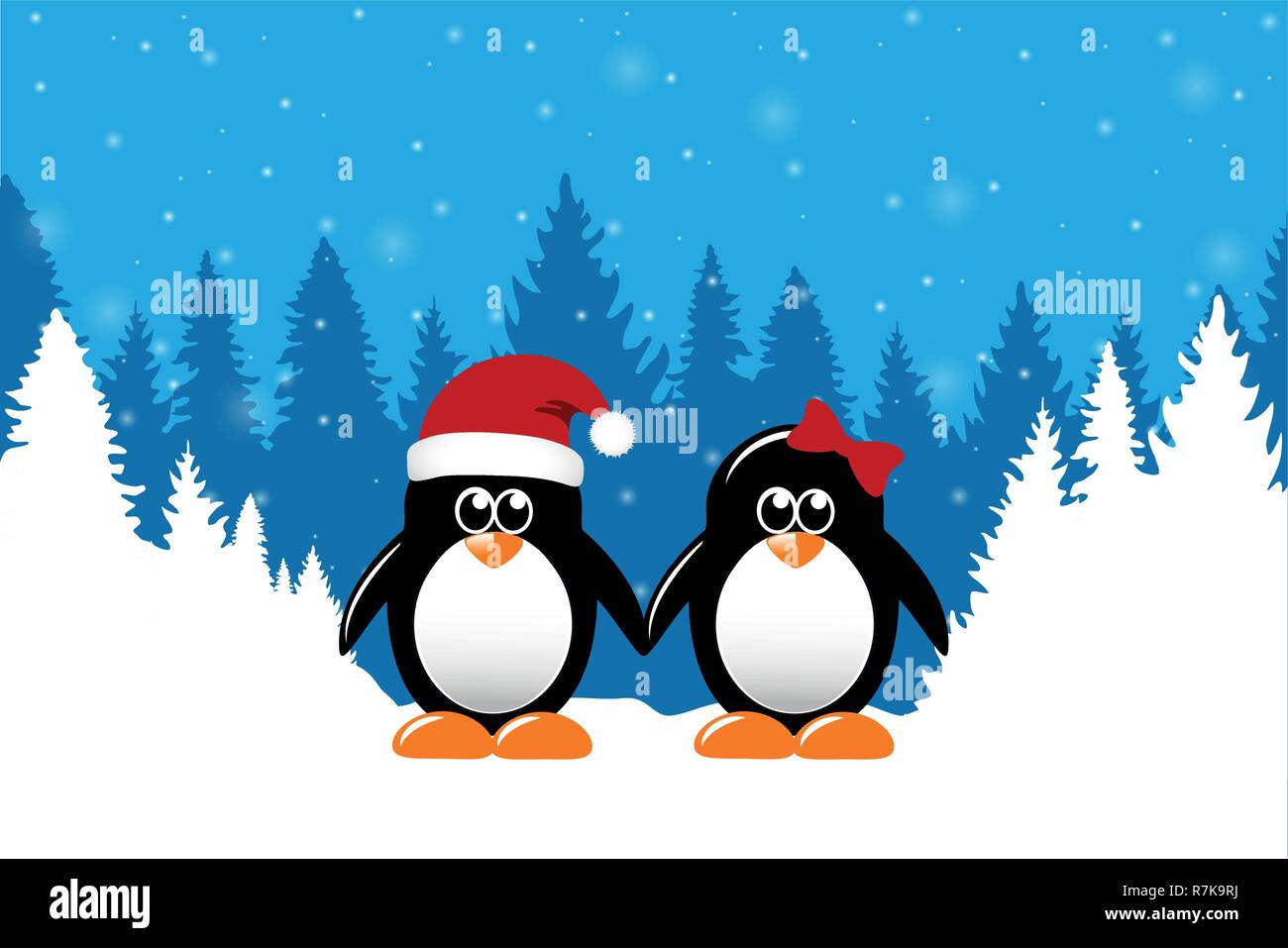 two cute christmas penguins on snowy winter forest background vector ...