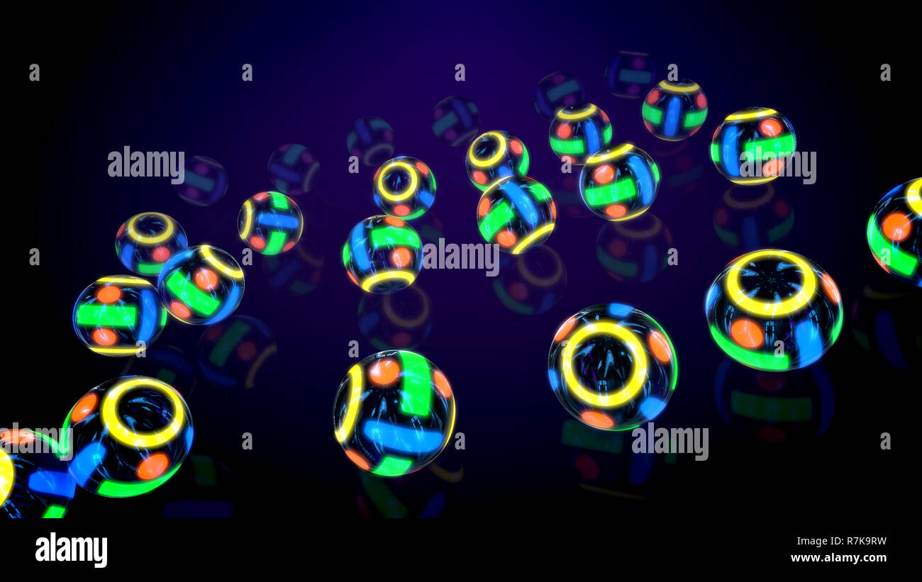 Celebratory 3d illustration of four rows of sparkling multicolored neon ...