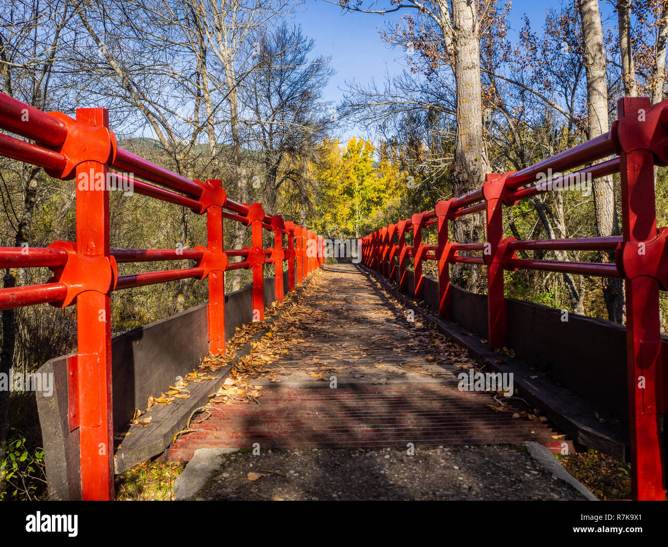 Perspective of a red bridge crossing a forest near the city of Madrid ...
