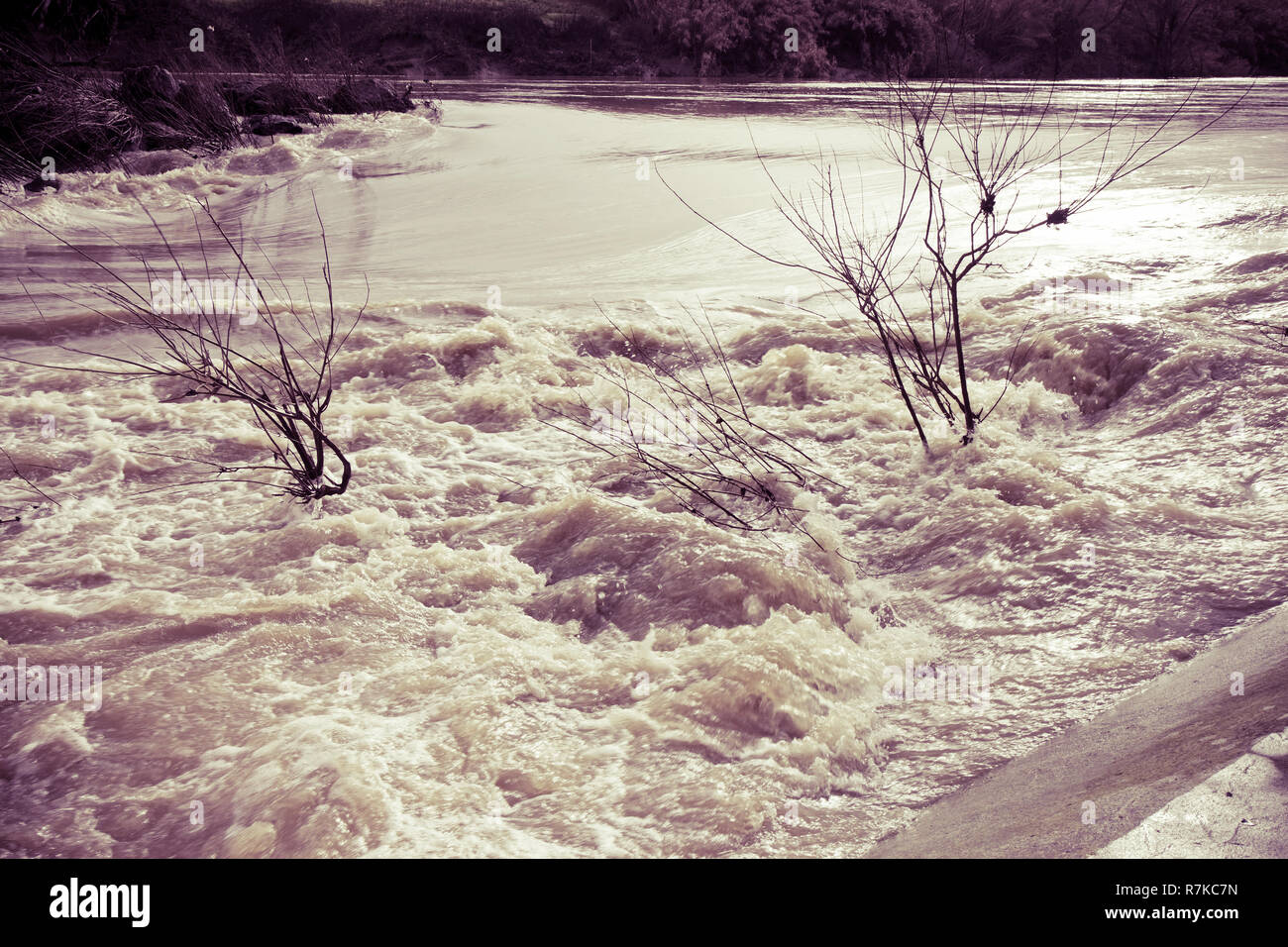 Raging waters and murky. Flooding after several days of rain Stock ...