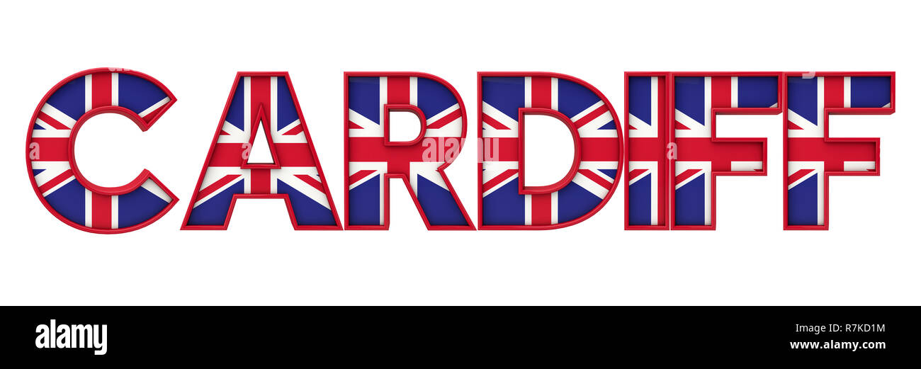 Cardiff city word made from union jack flag lettering. 3D Rendering ...