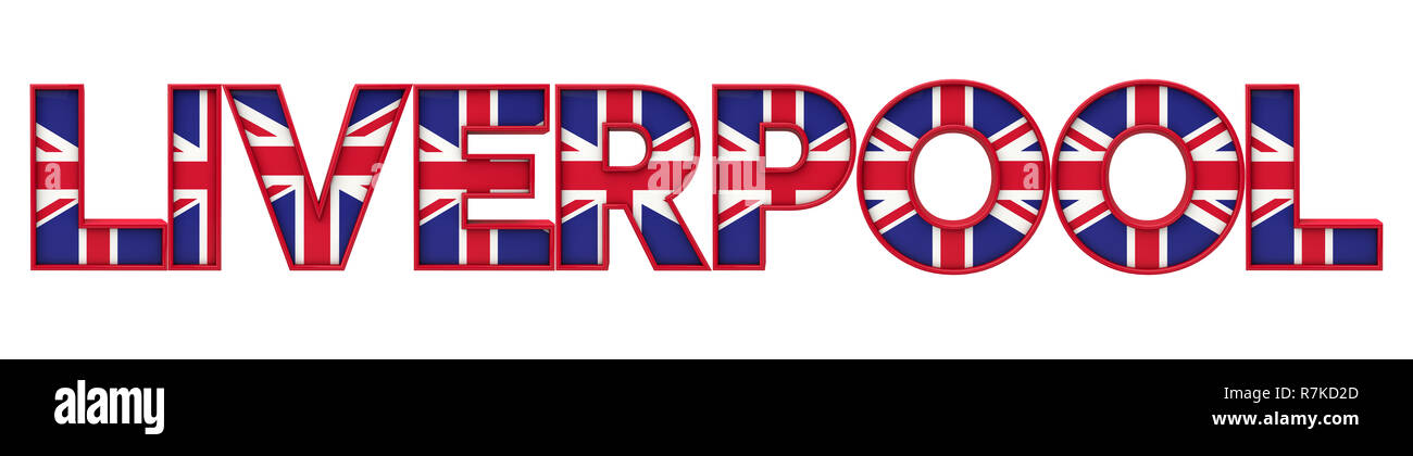 Liverpool city word made from union jack flag lettering. 3D Rendering ...