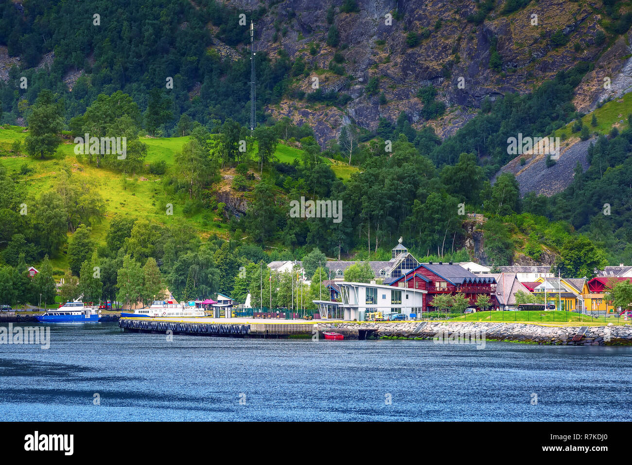Norwegian village and fjord landscape in Flam, Norway. Tourism vacation ...