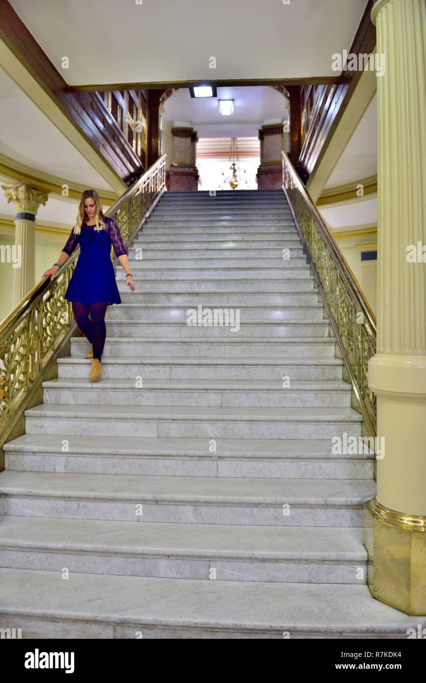 Grand staircase inside Colorado State Capital building with brass ...