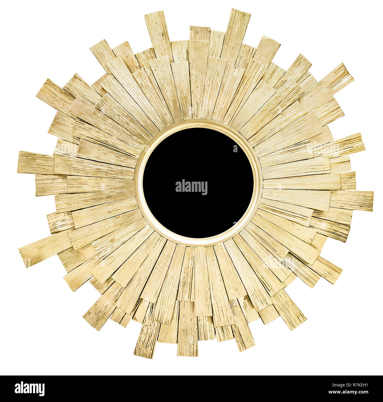 Modern golden round mirror frame sun shape isolated white background ...