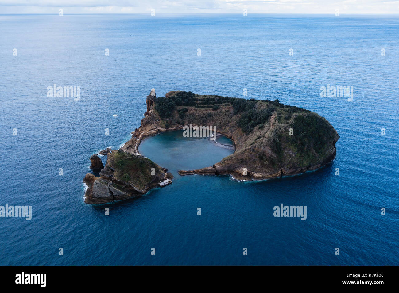 Azores, Portugal. Aerial view of the Islet of Vila Franca do Campo ...