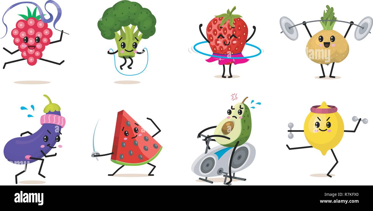 Sports fruit characters. Set of Cute healthy vegetables and funny face ...