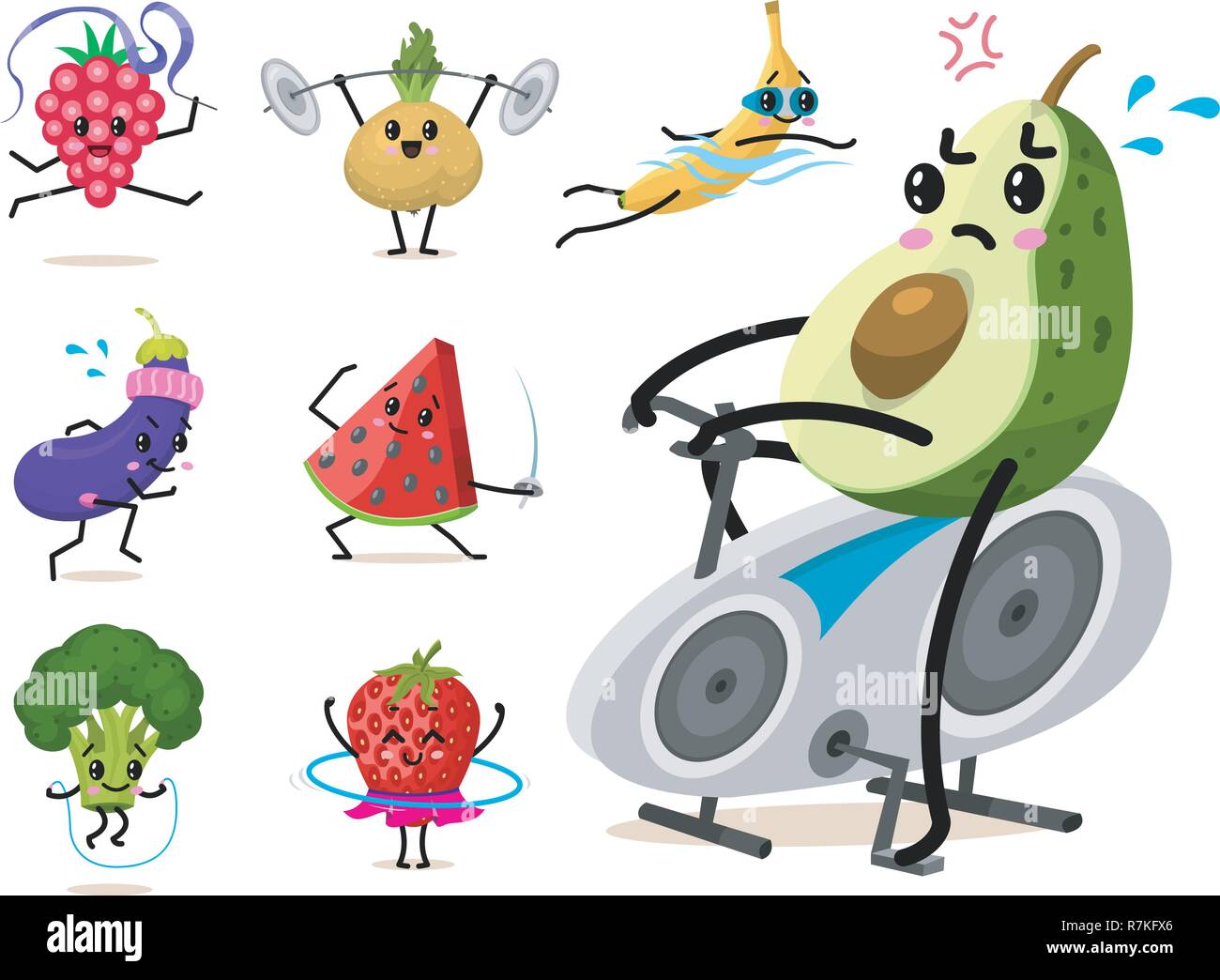 Sports fruit characters. Set of Cute healthy vegetables and funny face ...