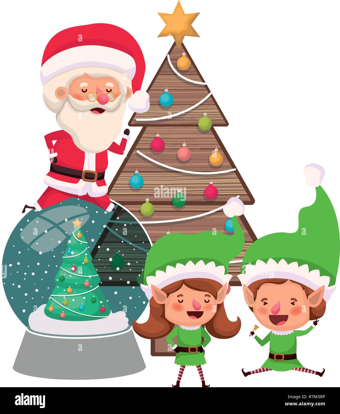 couple of elves and santa claus with christmas tree Stock Vector Image ...