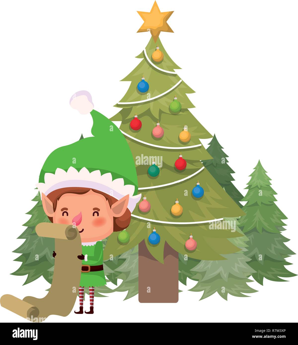 elf with list gifts and christmas tree avatar character Stock Vector ...