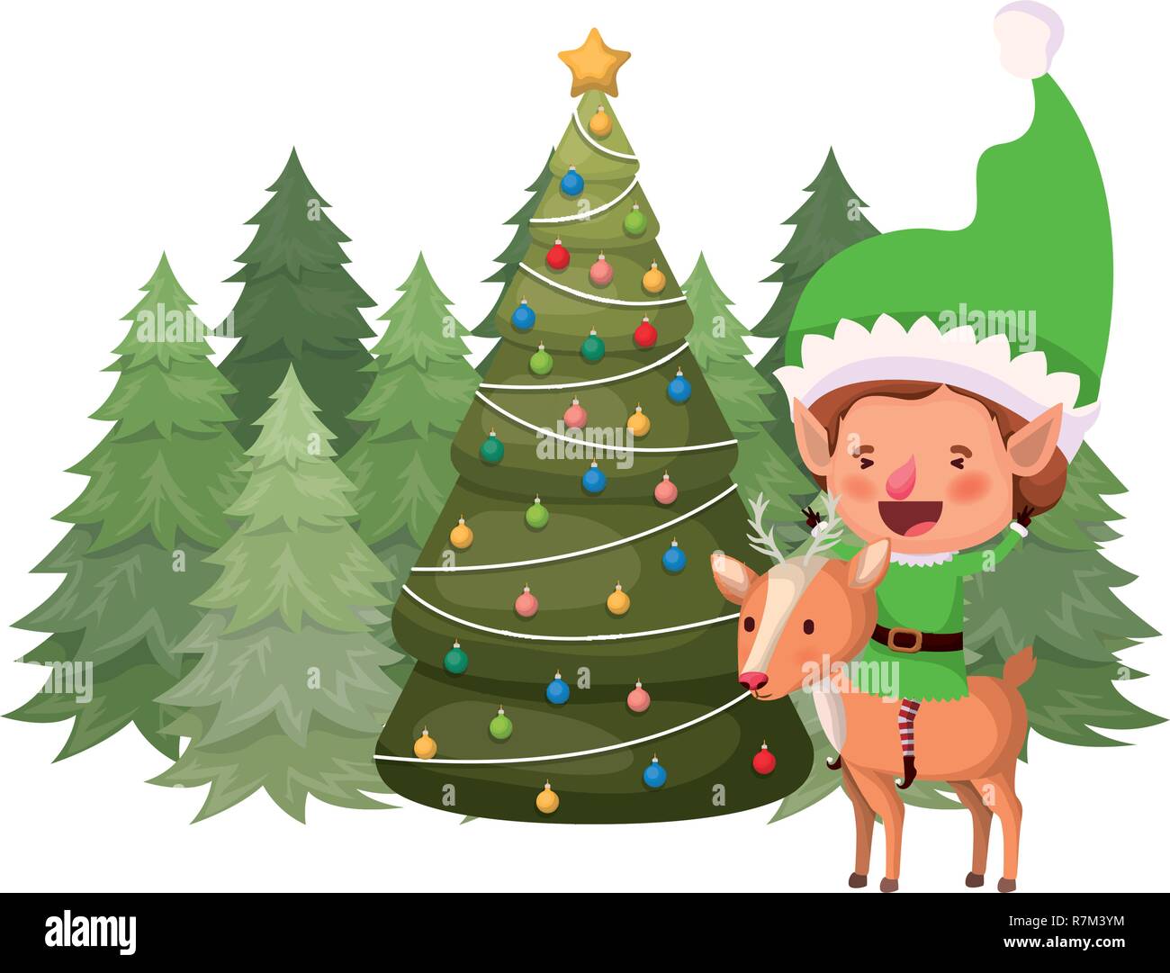 elf with reindeer and christmas tree avatar character Stock Vector ...