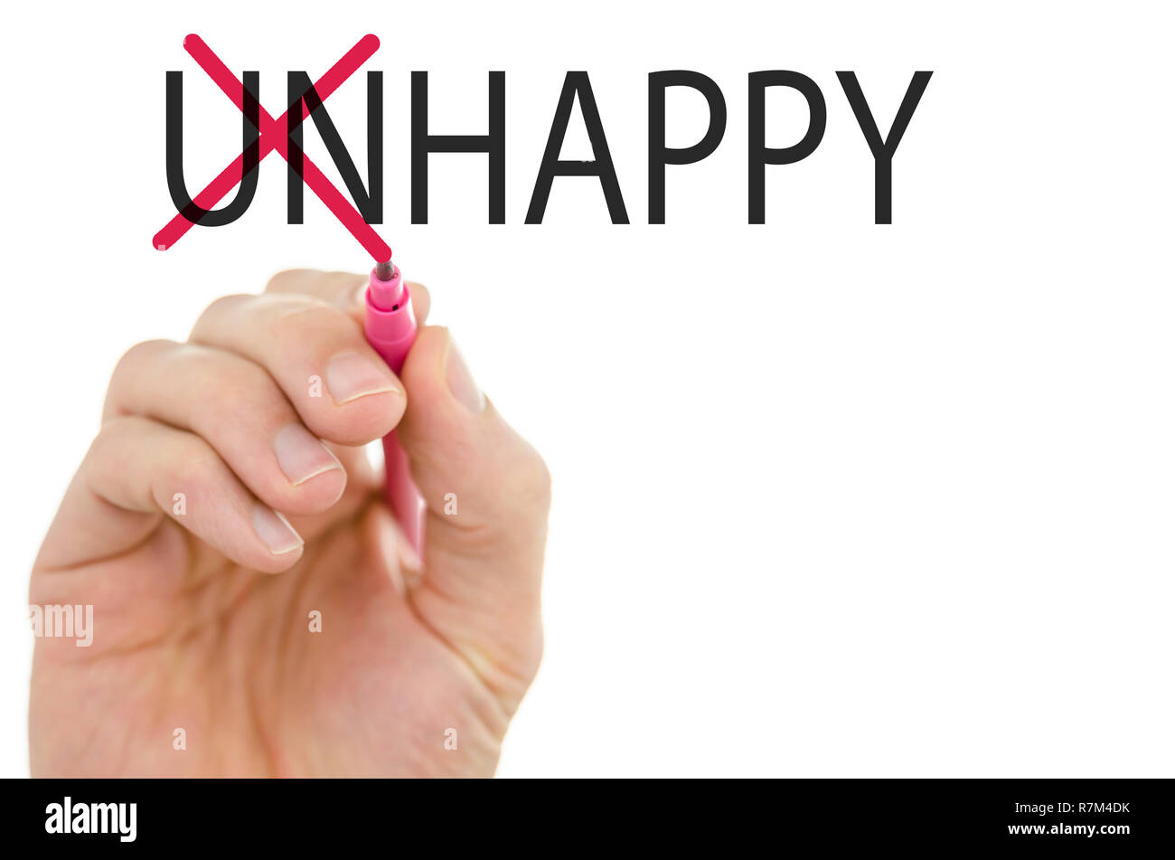 Changing word Unhappy into Happy by crossing off letters UN Stock Photo ...