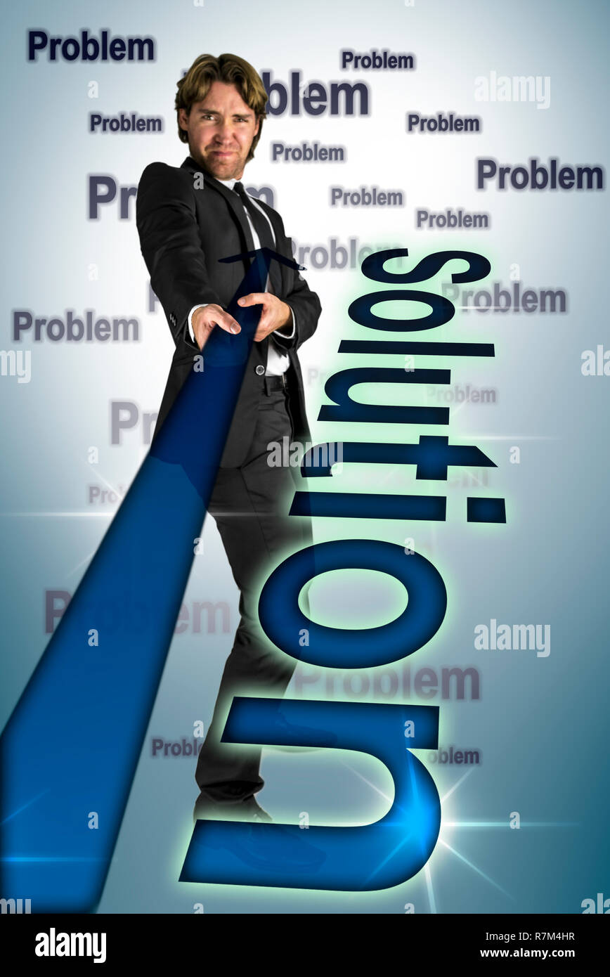 Businessman pulling arrow with Solution sign towards himself Stock ...