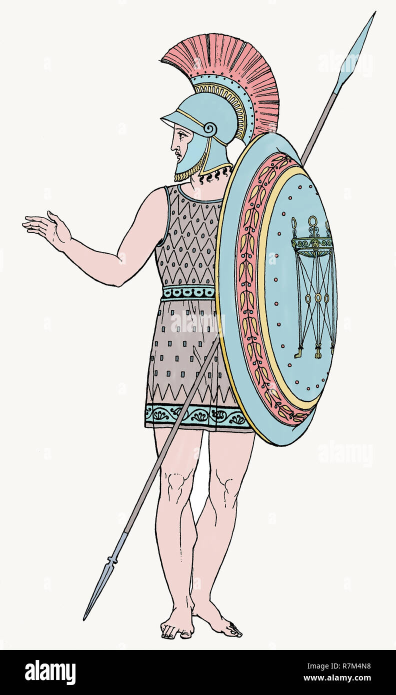 Greek warrior. Engraving, 19th century. Color Stock Photo - Alamy