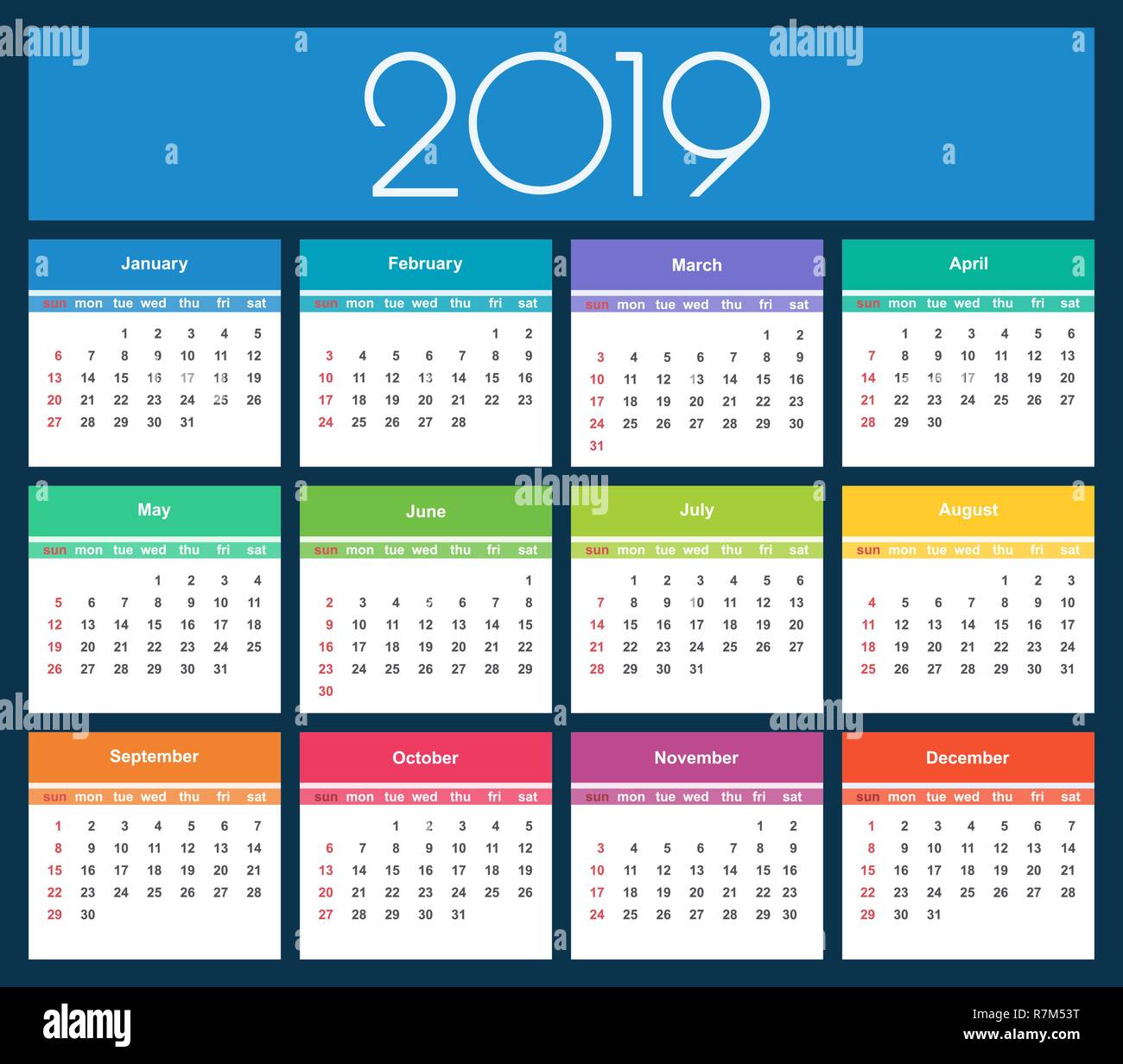 Colorful year 2019 calendar. Simple Vector Template. Isolated ...