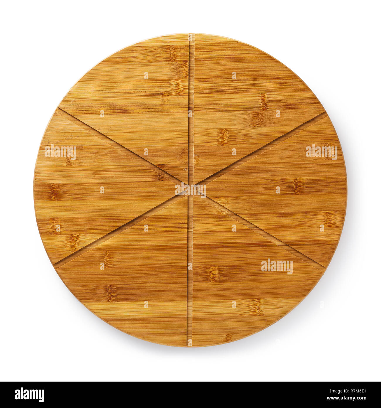 Empty wooden pizza tray with sectors for cutting isolated on white ...