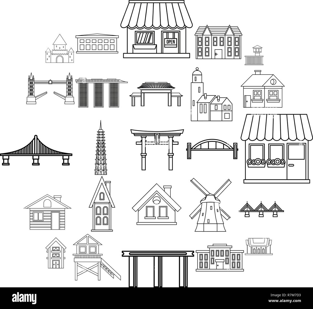 Architecture of the country icons set, outline style Stock Vector Image ...