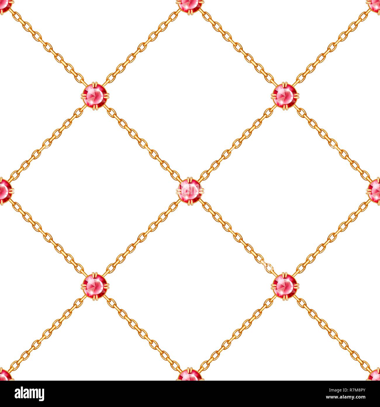 Seamless pattern with crossed golden chains and red round gemstones ...