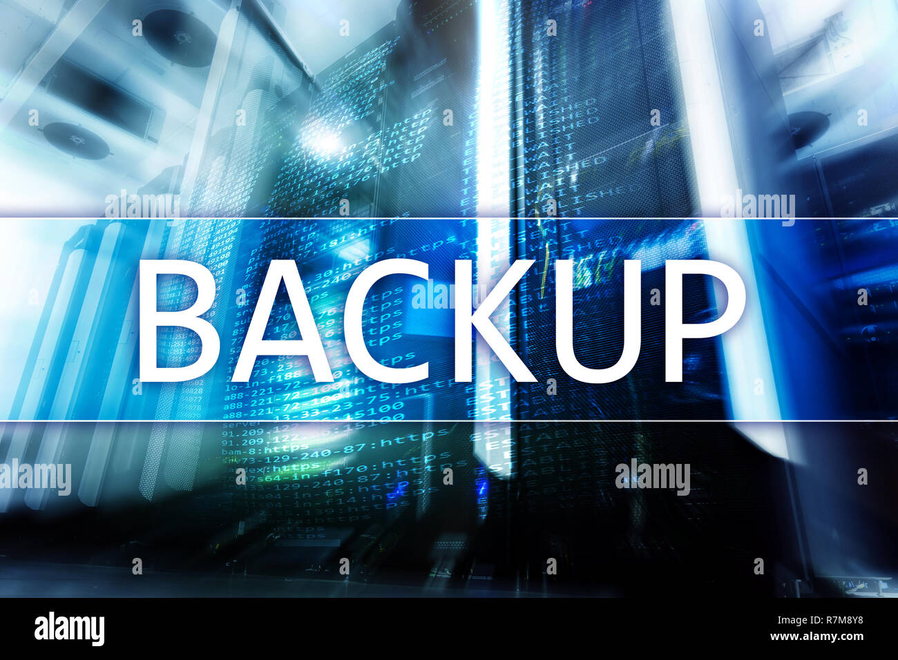 Backup button on modern server room background. Data loss prevention ...