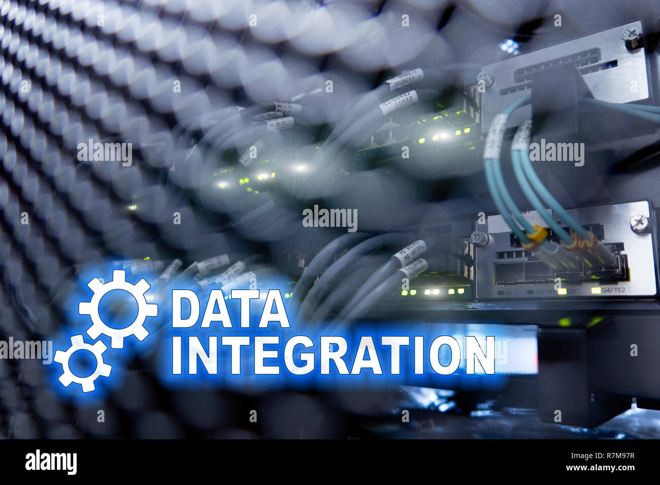 Data integration information technology concept on server room ...