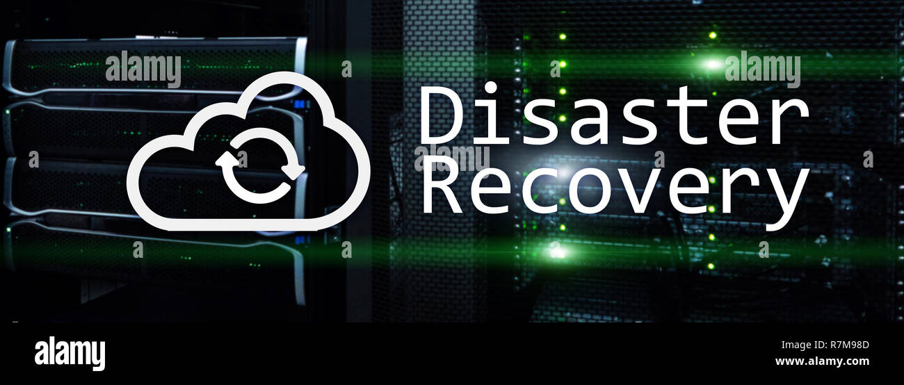 DIsaster recovery. Data loss prevention. Server room on background ...