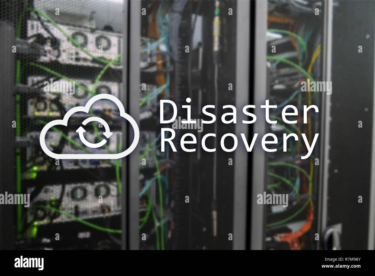 DIsaster recovery. Data loss prevention. Server room on background ...