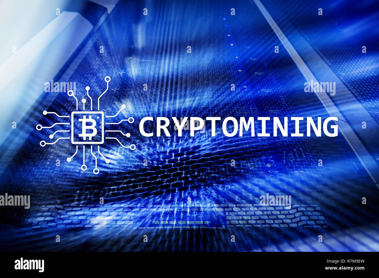 Cryptocurrency mining concept on server room background Stock Photo - Alamy