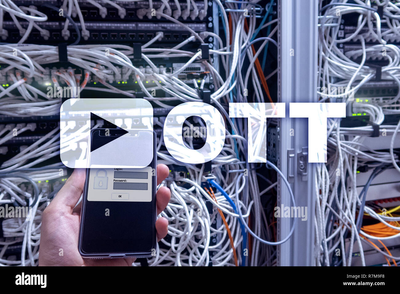 OTT, IPTV, video streaming over the internet. Data center, server room ...
