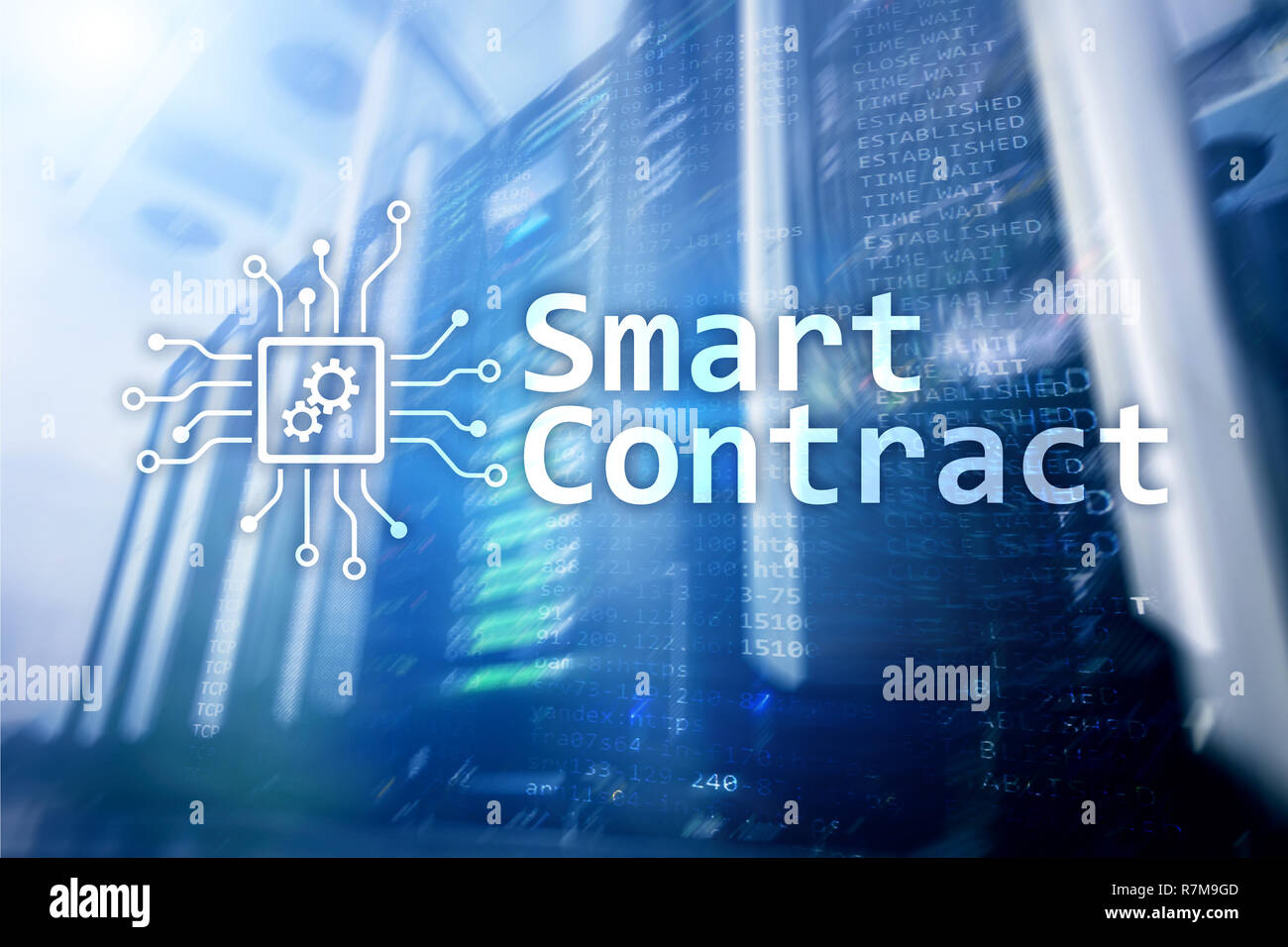 Smart contract, blockchain technology in modern business. Data center ...