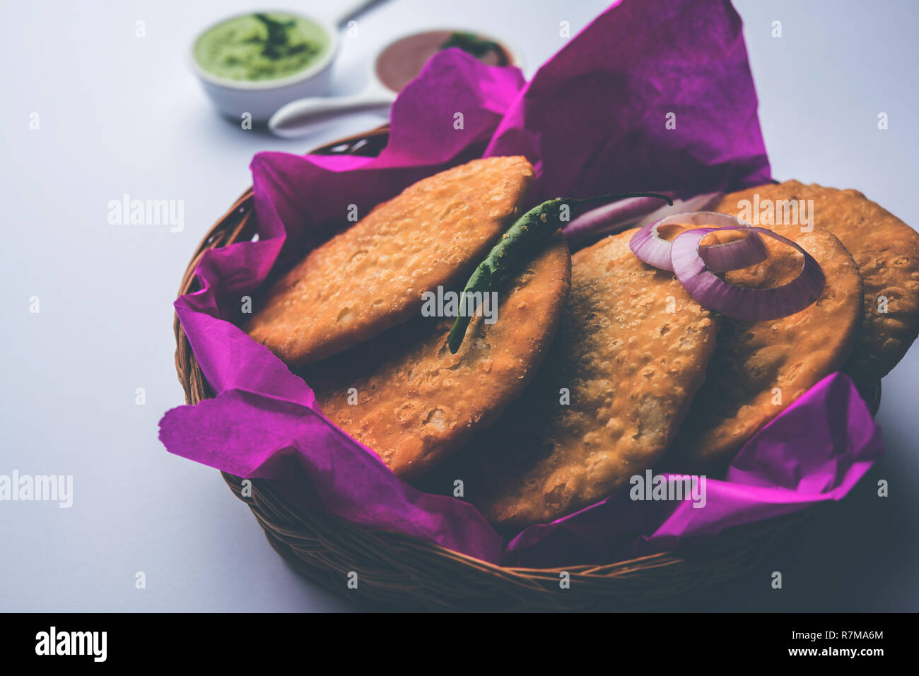 Shegaon or Rajasthani Kachori served with green Chutney and tomato ...