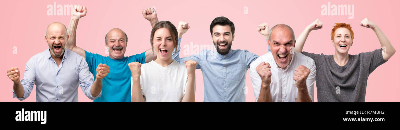 People scream with happiness, celebrate great triumph and victory ...