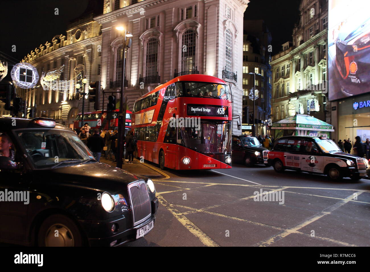 Black cabs and Red Double Decker Bus, Piccadilly, London, England, UK ...
