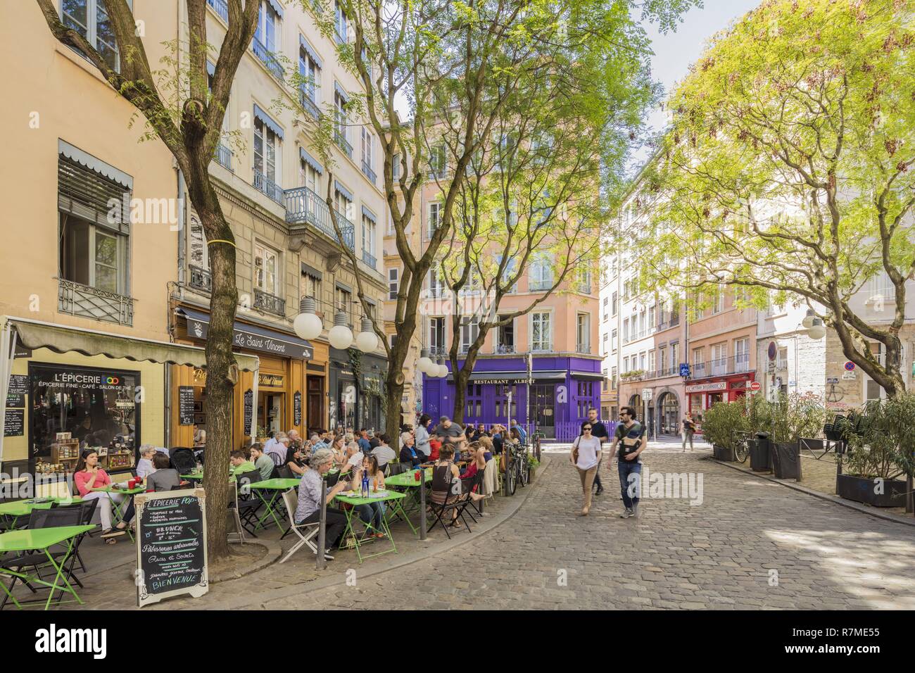 France, Rhone, Lyon, restaurants and bar place Fernand Rey Stock Photo ...