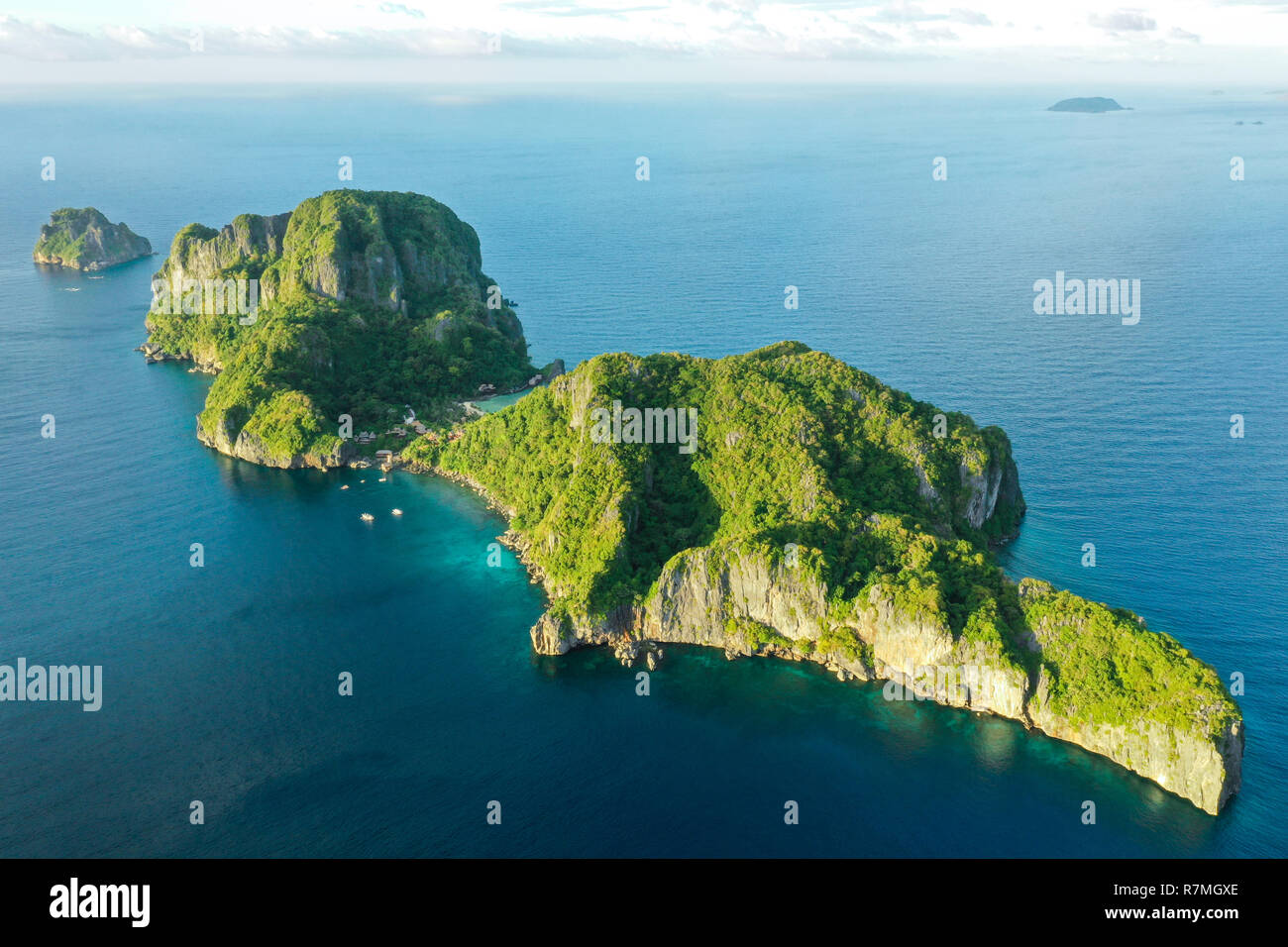 Aerial drone view of turquoise coastal waters in El Nido archipelago ...