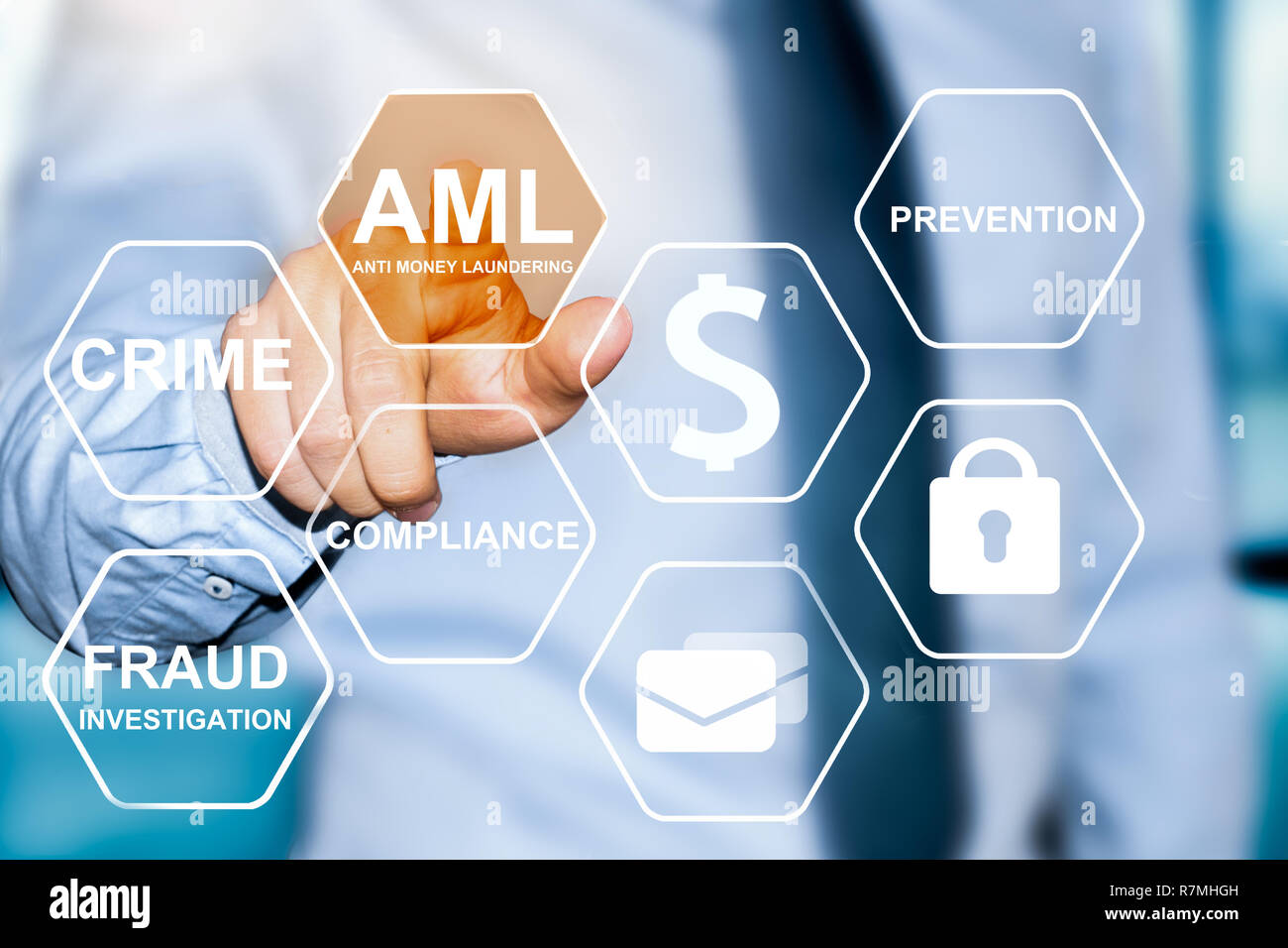hand touching button with AML anti money laundering symbol Stock Photo ...