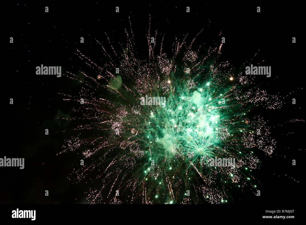 Abstract colored firework on the night sky with smoke and free space ...