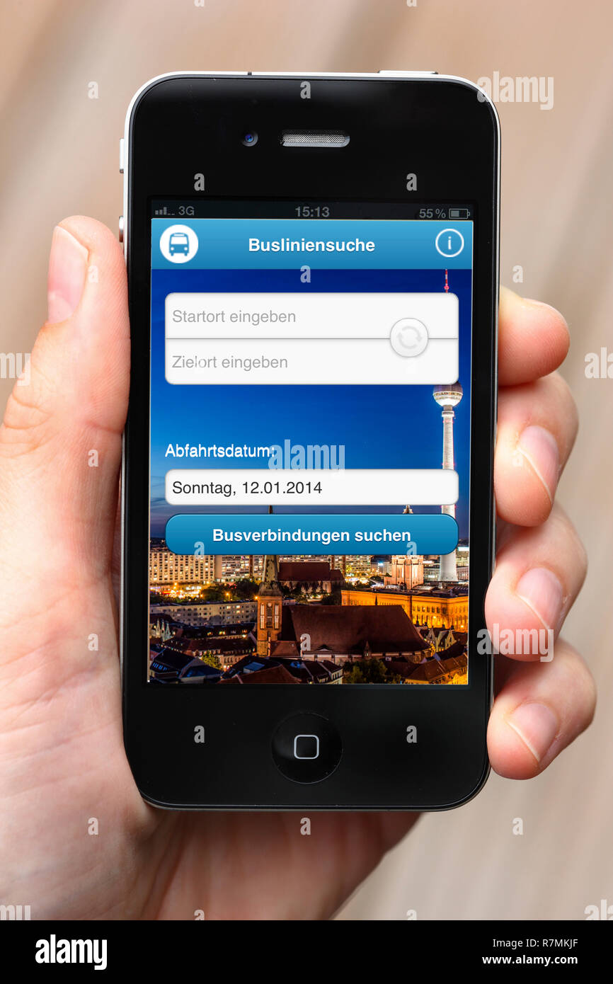 IPhone with app listing all long-distance bus lines on the display ...