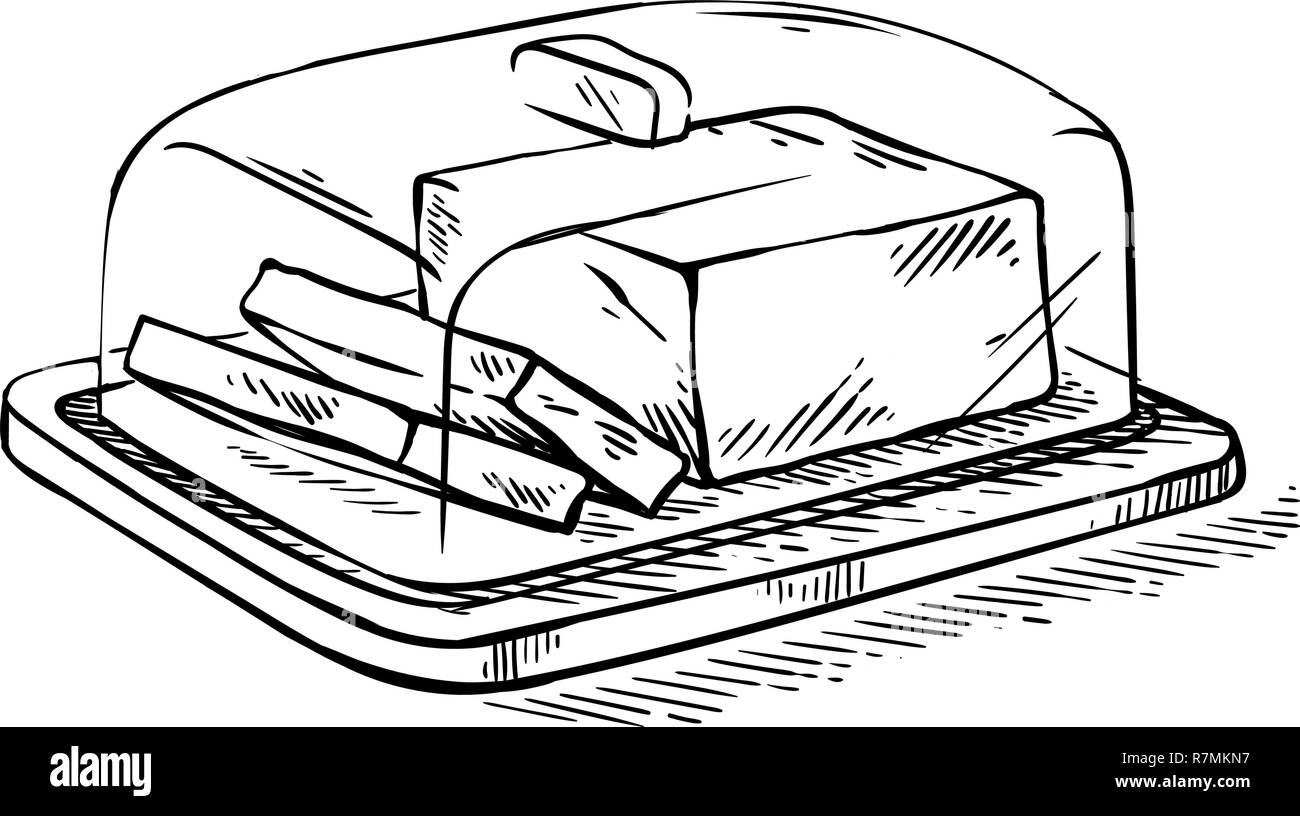 Hand drawn sketch slice of butter on the wooden broad vector ...