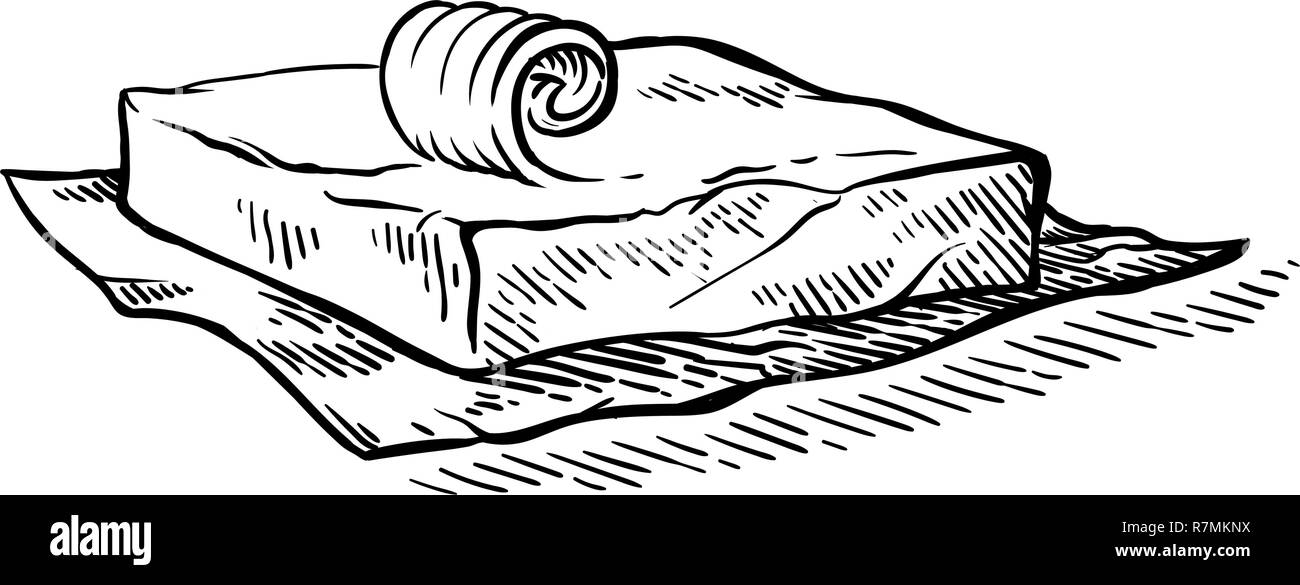 Hand drawn sketch slice of butter on the wooden broad vector ...