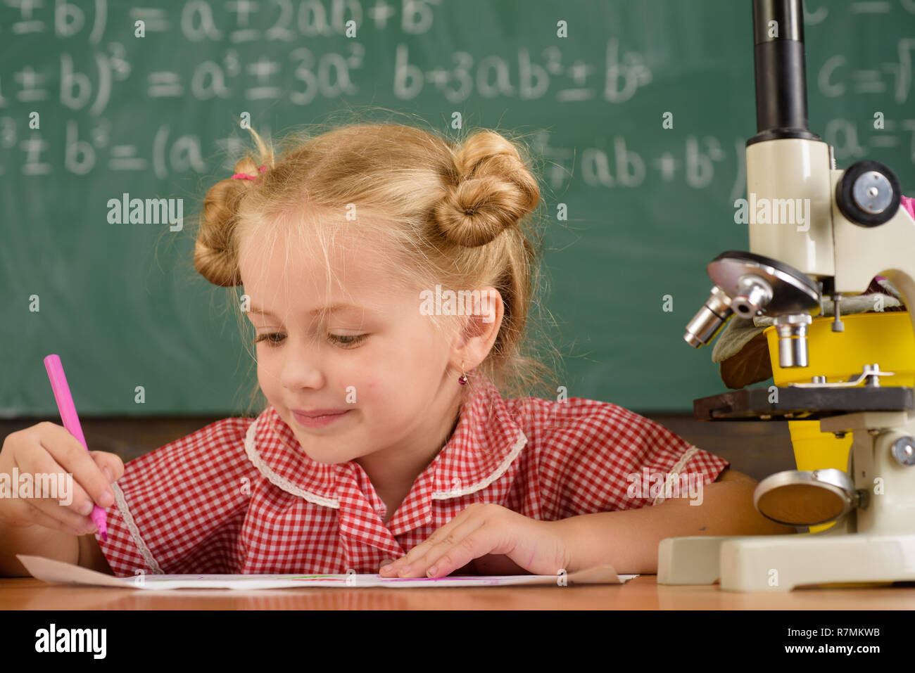 Little child study in science classroom. Elementary school girl work on ...